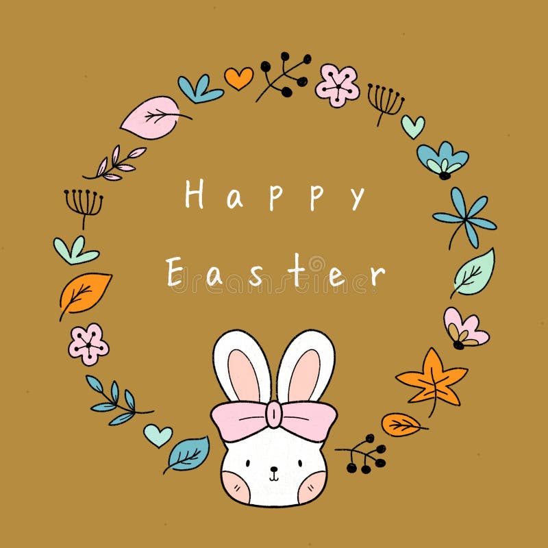 Happy Easter Card Simple Design. Bunny Flowers Easter Circle Frame ...