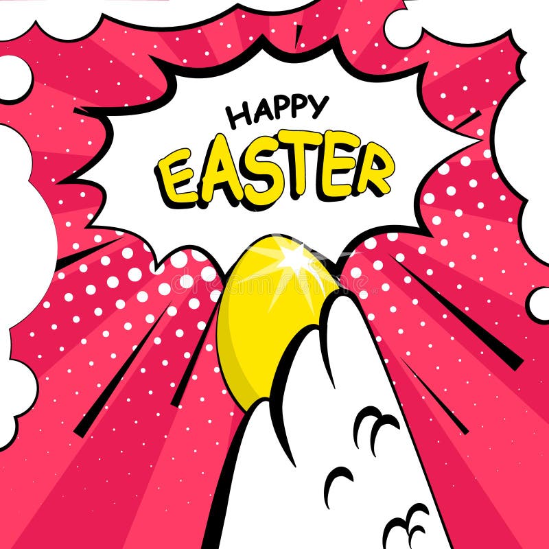 Happy Easter Card with a Wing a Cock, Golden Egg and Text Cloud. Comics ...
