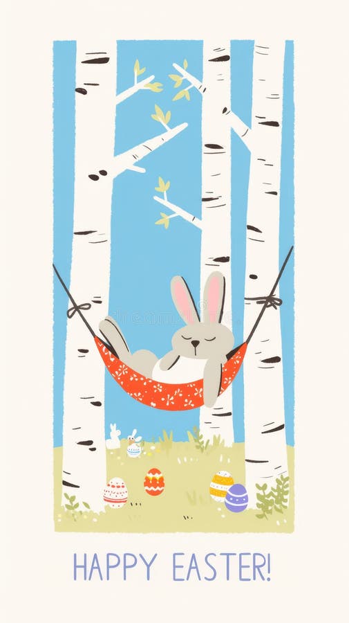 Happy Easter Cartoon Bunny Relaxing in Hammock among Birch Trees Stock ...
