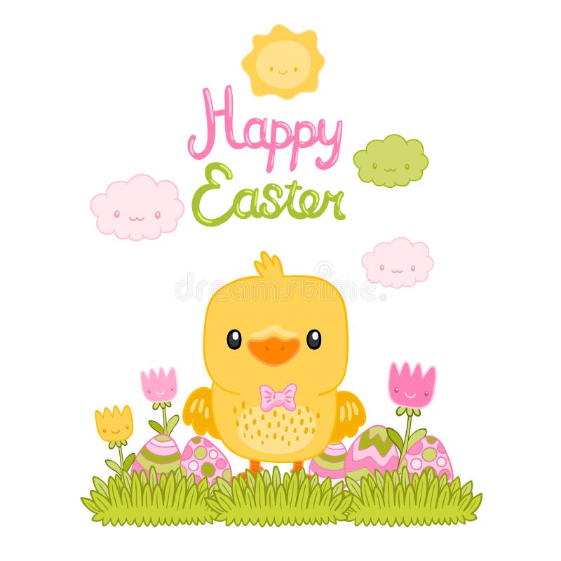 Happy Easter Cartoon Cute Chicken and Eggs Stock Vector - Illustration ...