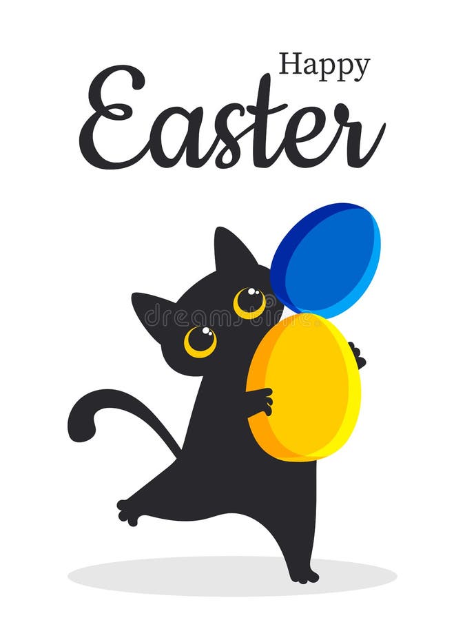 Happy Easter. a Black Cute Cat Holds Colored Easter Blue and Yellow ...