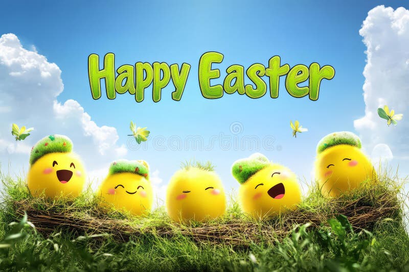 Happy Easter Celebration with Cheerful Yellow Chicks in Sunny Sky Stock Illustration ...