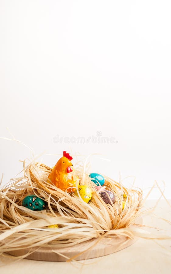 Happy Easter. Chicken in the Nest and Colored Eggs Stock Photo - Image ...