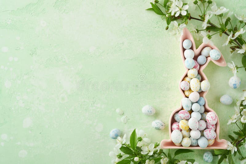 Happy Easter. Chocolate Eggs in Ceramic Shape of Easter Bunny, Springs ...