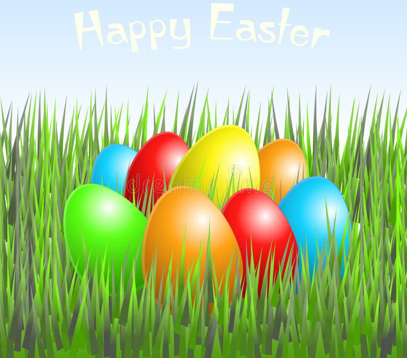 Happy Easter Colored Eggs in Grass Stock Illustration - Illustration of ...