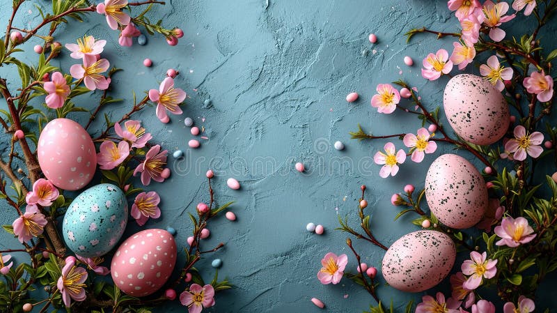 Happy Easter! Colorful Easter Chocolate Eggs with Cherry Blossoms Flat ...