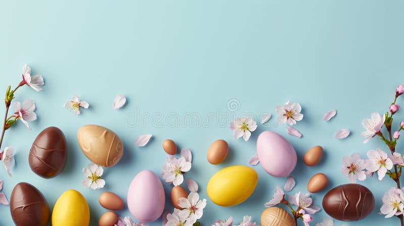 Happy Easter, Colorful Easter Chocolate Eggs with Cherry Blossoms Flat ...