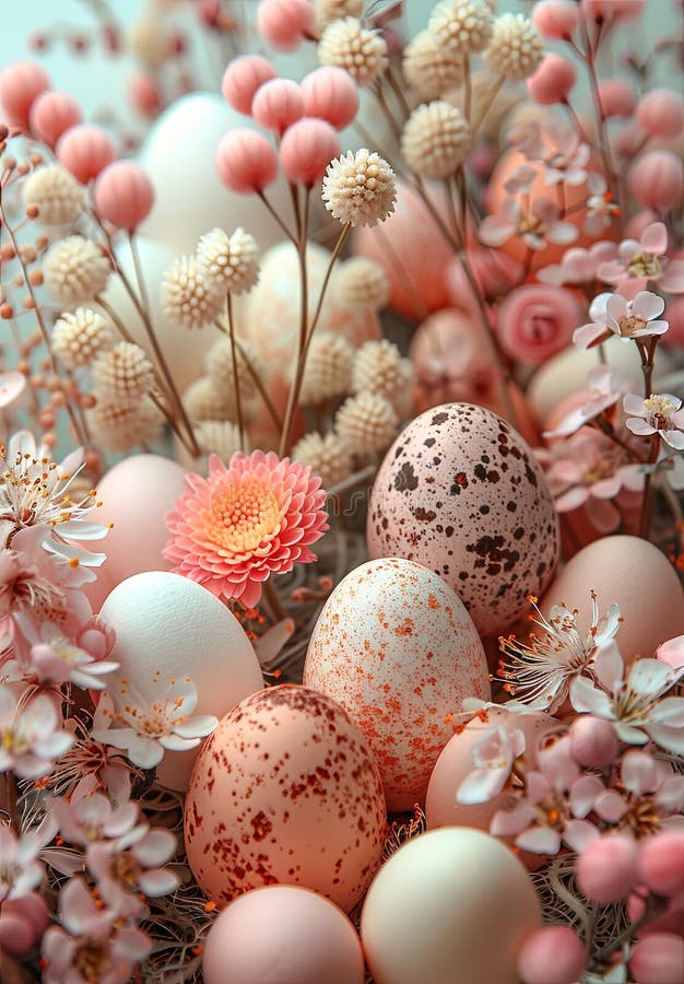 Happy Easter! Colorful Easter Eggs with Cherry Blossoms Flat Lay on ...