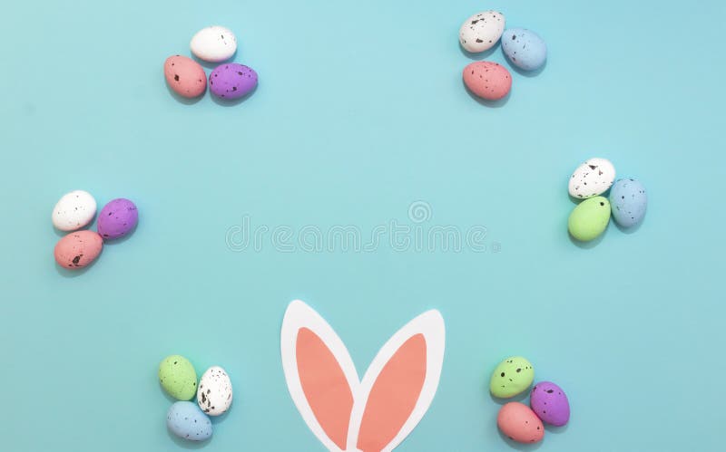 Happy Easter. Colorful Easter Eggs,bunny Ears, Flat Lay on Blue ...