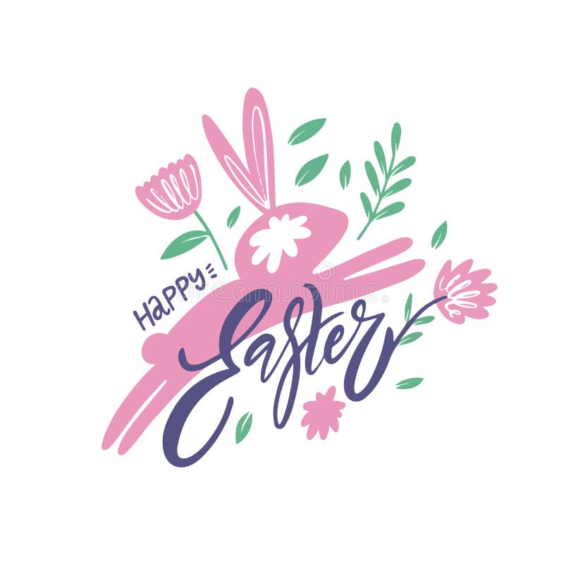 Happy Easter Colorful Text Lettering Style And Bunny Or Rabbit Pink