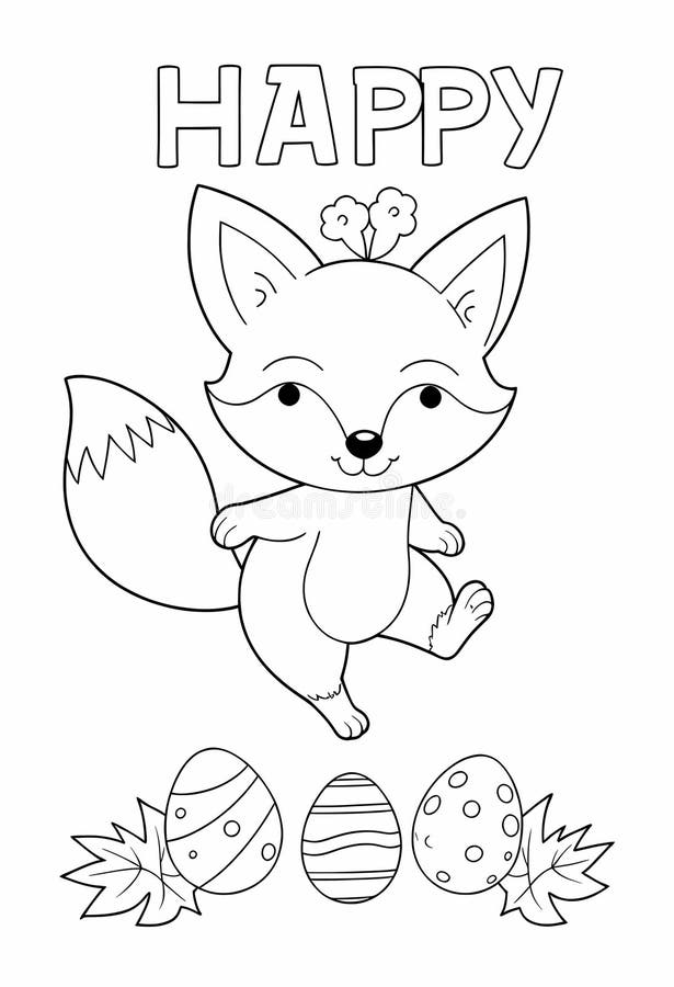 Happy Easter Coloring Page Featuring a Cheerful Fox with Easter Eggs and Spring Leaves Stock ...