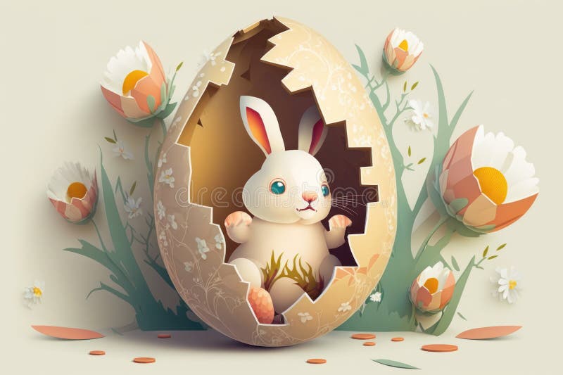 Happy Easter Concept. Cute Easter Bunny Rabbit Inside a Cracked Egg and ...