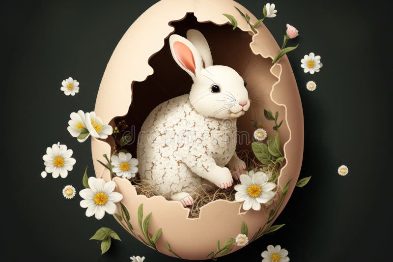 Happy Easter Concept. Cute Easter Bunny Rabbit Inside a Cracked Egg and ...