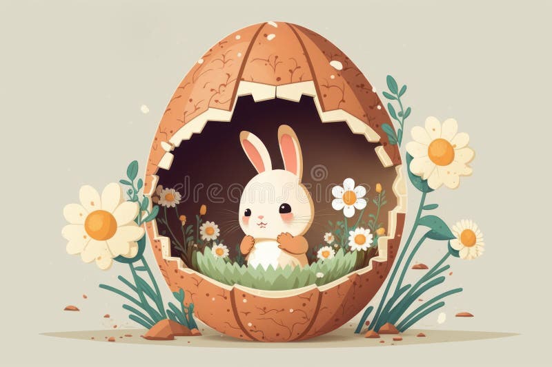 Happy Easter Concept. Cute Easter Bunny Rabbit Inside a Cracked Egg and ...