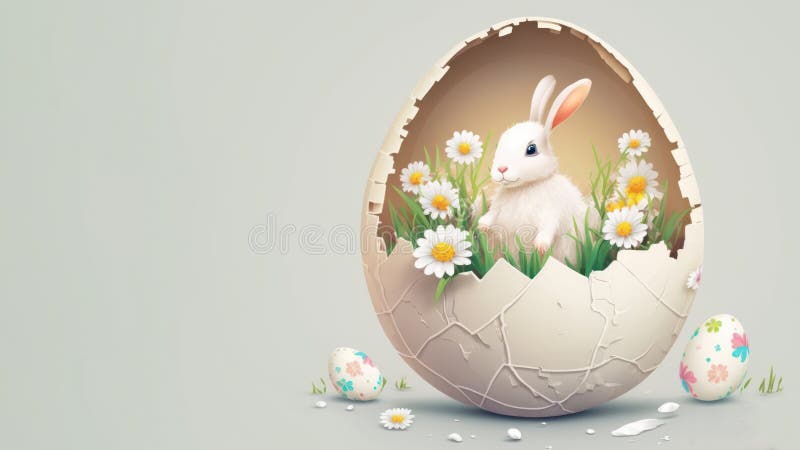 Happy Easter Concept. Cute Easter Bunny Rabbit Inside a Cracked Egg and Flower, Flat Design ...