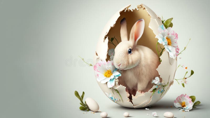Happy Easter Concept. Cute Easter Bunny Rabbit Inside a Cracked Egg and ...