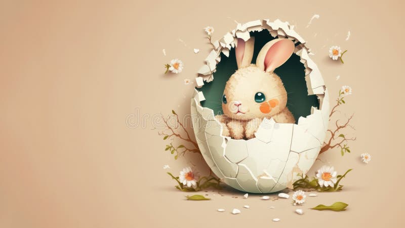 Happy Easter Concept. Cute Easter Bunny Rabbit Inside a Cracked Egg and ...