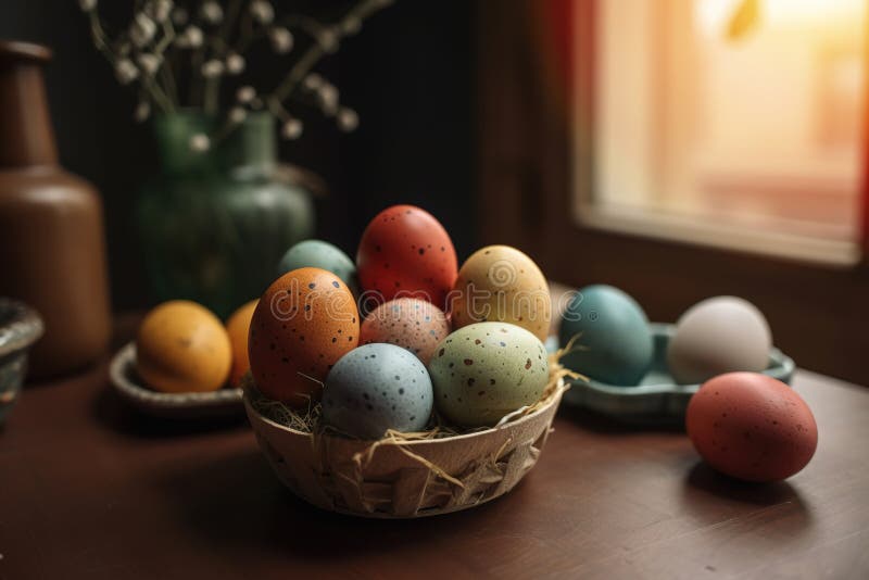 Happy Easter Concept with Easter Eggs in Nest and Spring Flowers on ...