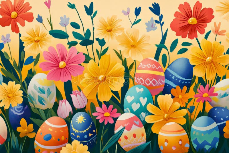 Happy Easter Concept Filled Vibrant Spring Flowers Colorful Eggs ...
