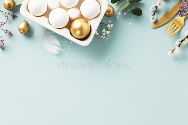 Happy Easter Concept with Golden Table Setting, Easter Eggs, Feathers ...
