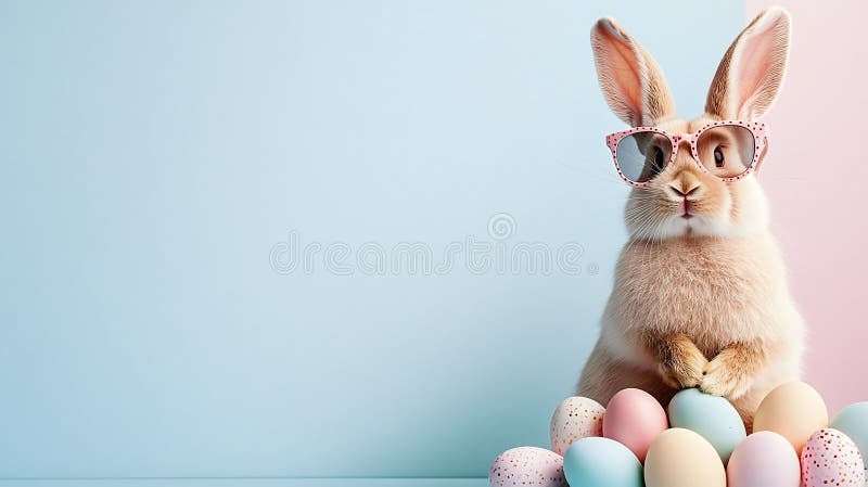 Happy Easter Concept with Trendy Easter Bunny and Pastel Eggs on a Blue ...