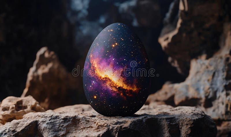 Happy Easter Cosmic Egg with a Nebula Design, Placed on a Rugged Rock ...
