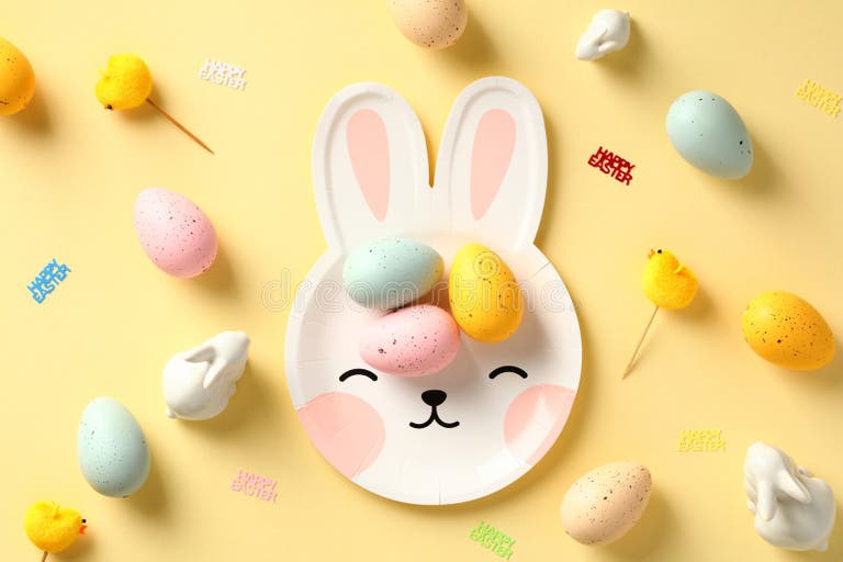 Happy Easter Creative Layout with Tableware and Colorful Easter Eggs ...