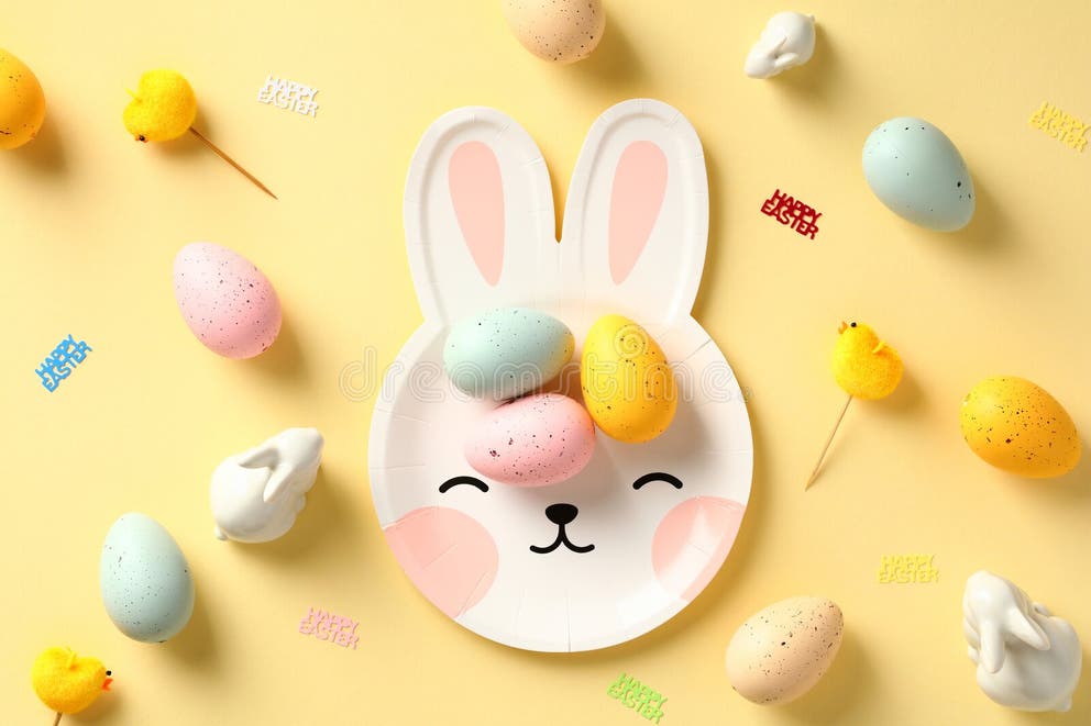 Happy Easter Creative Layout with Tableware and Colorful Easter Eggs Stock Image - Image of ...