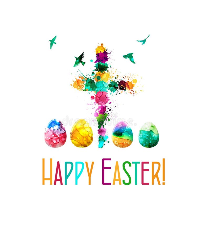 Happy Easter Cross Colored. Flying Birds. Easter Eggs. Vector ...