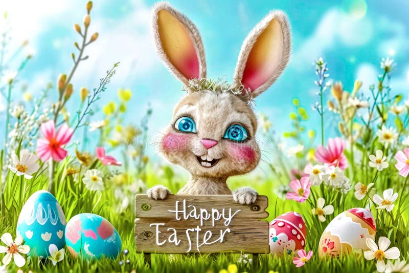 Happy Easter! Cute Easter Bunny with Easter Eggs, Flowers and Sign with ...