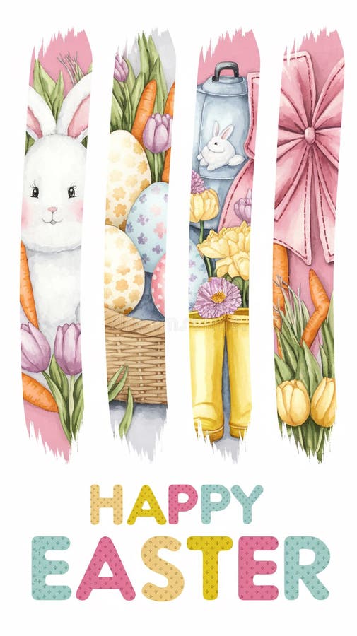 Happy Easter with Cute Bunny, Eggs, and Spring Flowers Stock ...