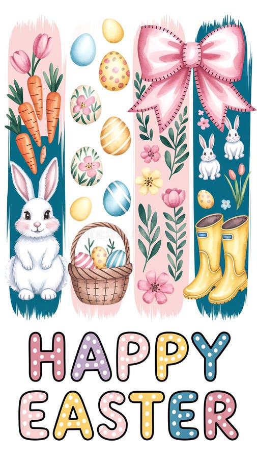 Happy Easter with Cute Bunny, Eggs, and Spring Flowers Stock ...