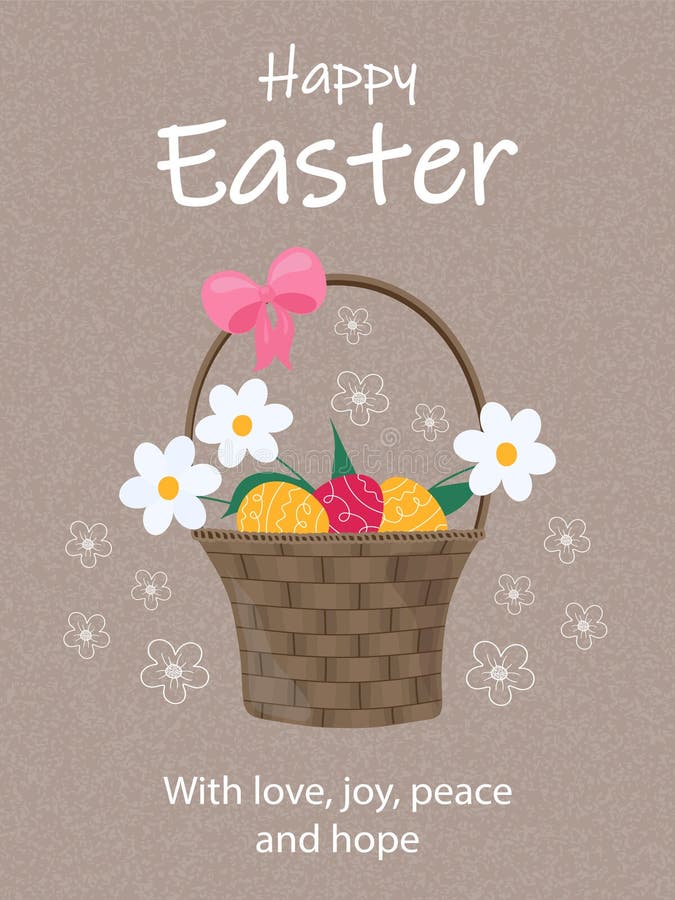 Happy Easter Cute Card with Easter Basket, Eggs, Flowers. Easter ...