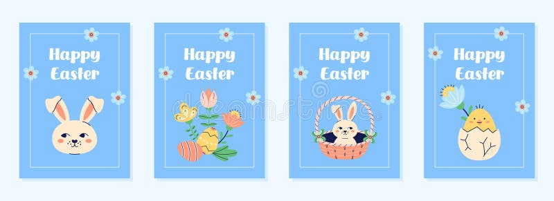 Happy Easter 4 Cute Cards Collection. Design with Text on Blue ...