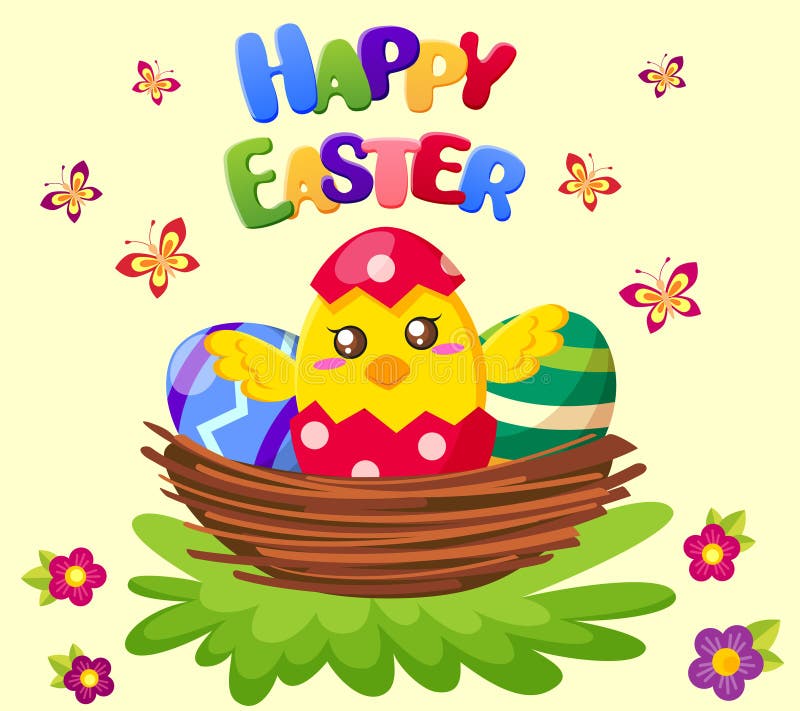 Happy Easter. Cute Chicken Sitting in Nest with Eggs Stock Vector ...