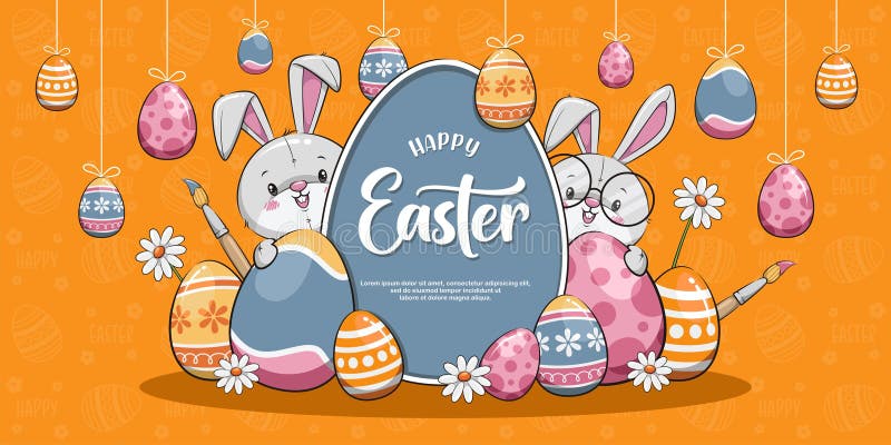 Happy Easter with Cute Rabbit and Easter Eggs. Hanging Eggs Banner and ...