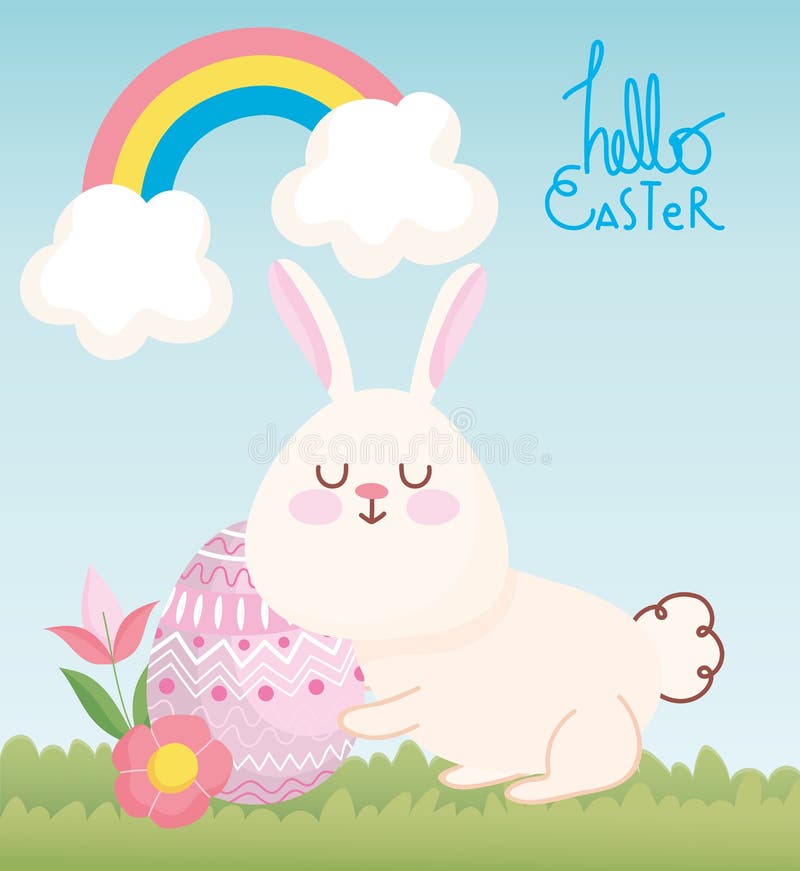 Happy Easter Cute Rabbit with Flowers and Egg Decoration Stock Vector ...