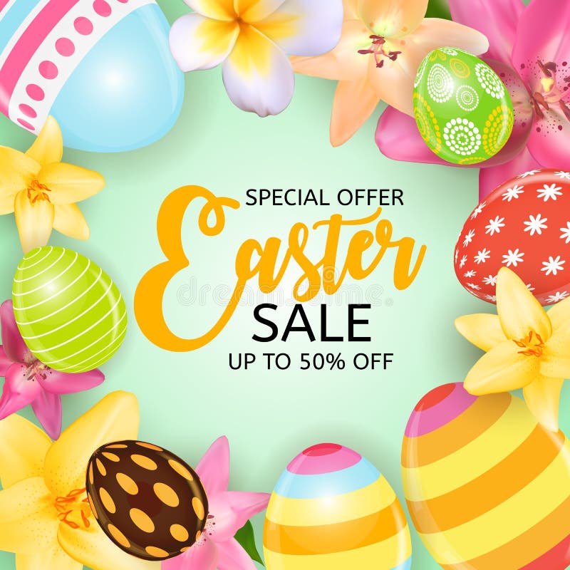 Happy Easter Cute Sale Poster Background with Eggs. Vector Illustration ...