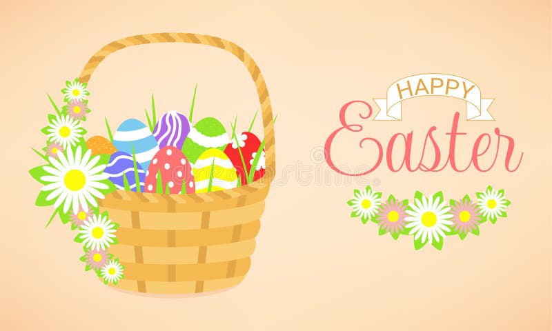Happy Easter Day Banner Design. Basket with Easter Eggs and Flowers ...