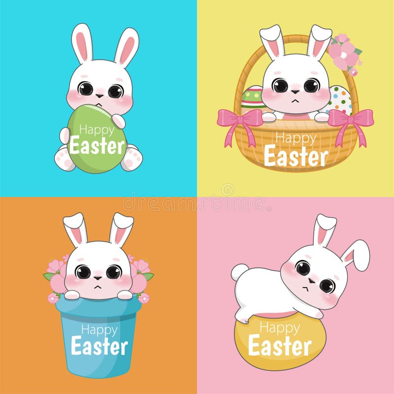 Happy Easter Day Card Template With Set Of Cute Rabbits Cute Bunny