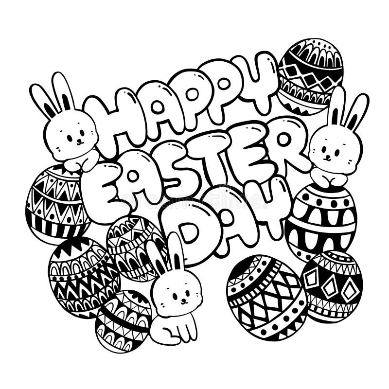 Happy Easter Day Doodle. Easter Day with Cute Bunny and Eggs Stock ...