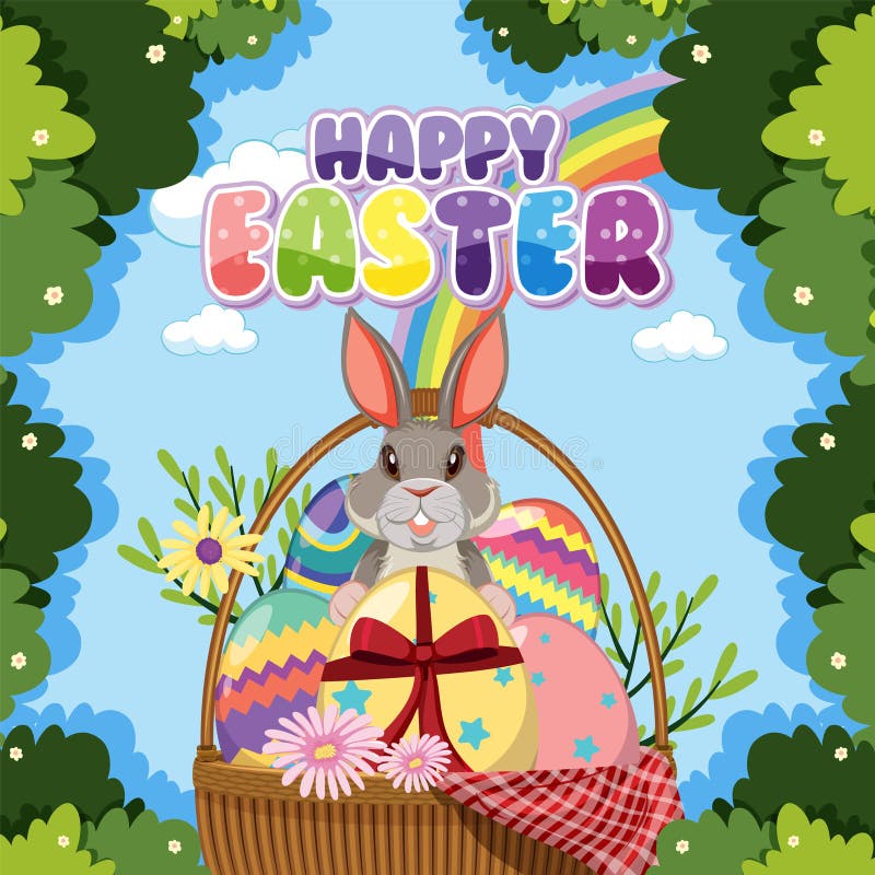 Happy Easter Day Poster Design with Bunny and Colourful Eggs Stock ...