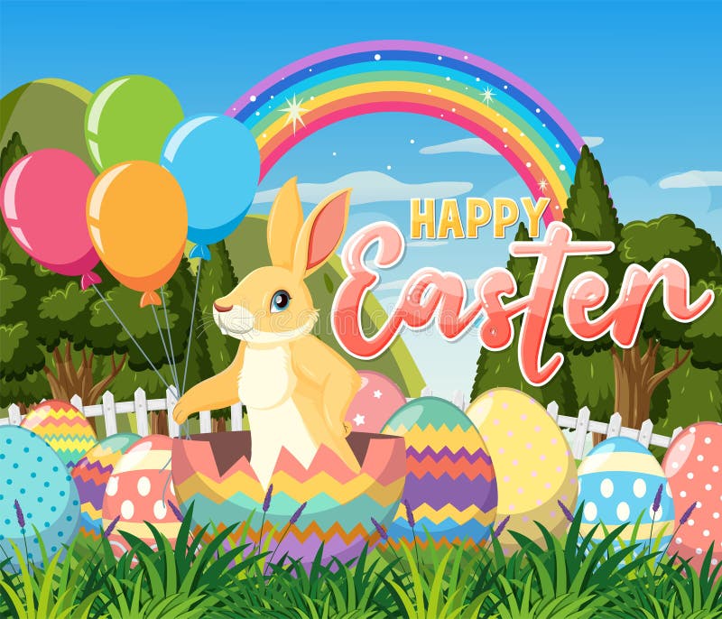 Happy Easter Day Poster Design with Bunny and Colourful Eggs Stock ...