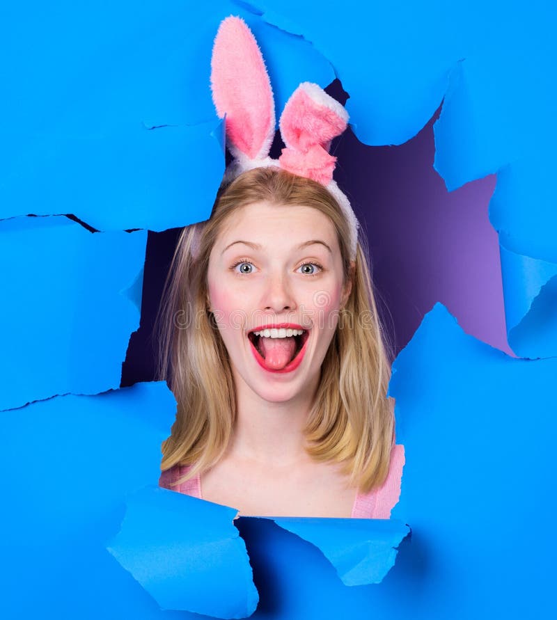 Woman In Rabbit Bunny Ears Spring Holiday Girl With Hare Toy Happy