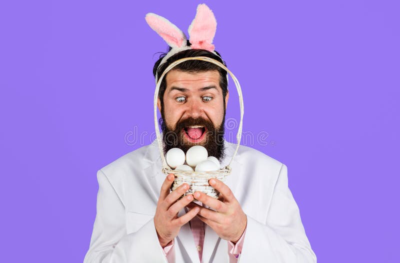 Happy Easter Day. Surprised Bearded Man with Basket Egg. Guy in Bunny ...