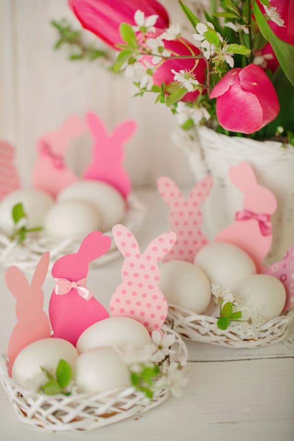 Happy Easter. Decor of Easter Eggs in Small White Baskets. Stock Image ...