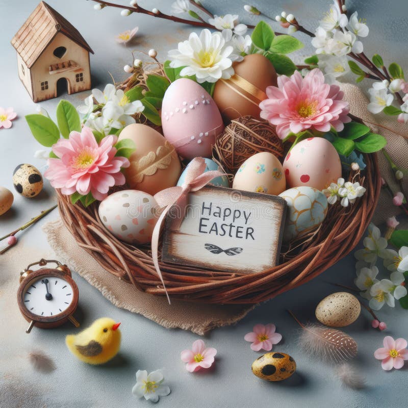 Happy Easter, Decorated Easter Card, Banner. Easter Eggs, Flowers and ...