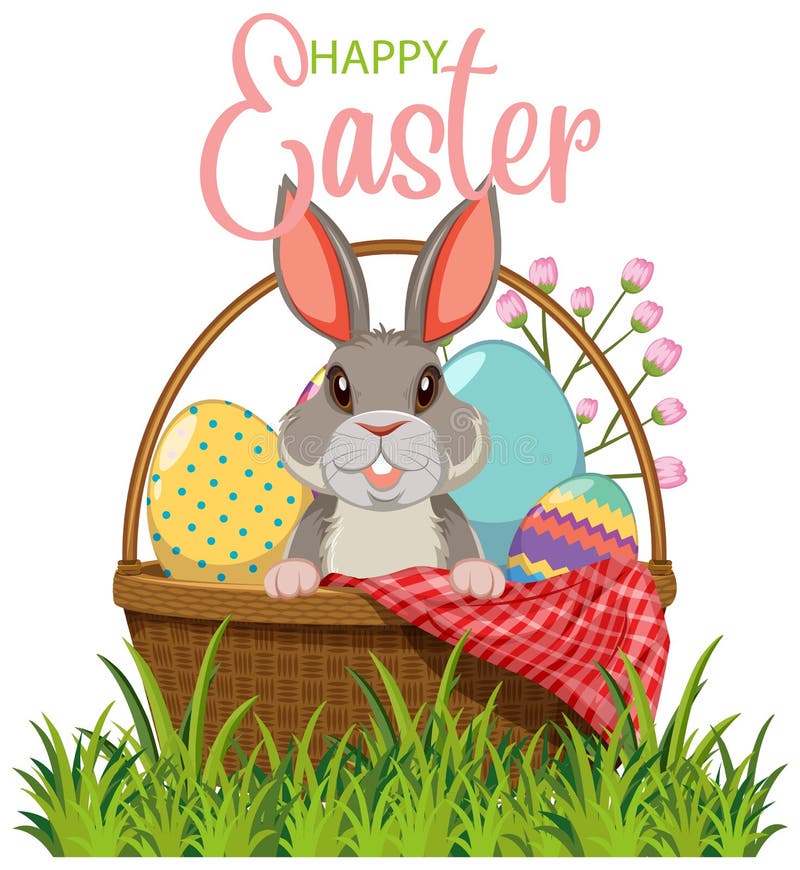 Happy Easter Design with Bunny in Basket Stock Vector - Illustration of ...