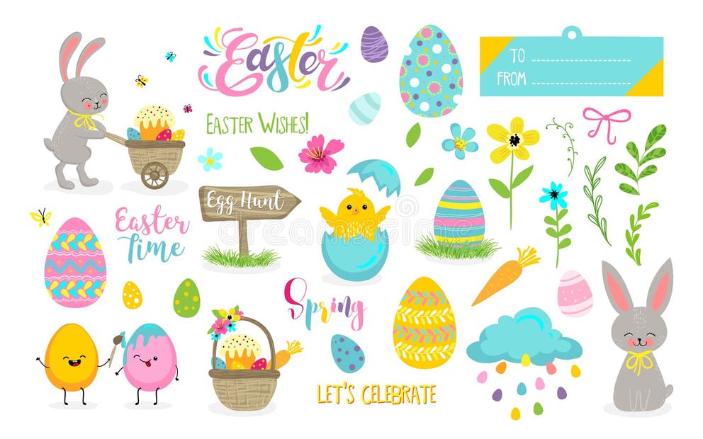 Happy Easter Design Elements Set Stock Vector - Illustration of animal ...