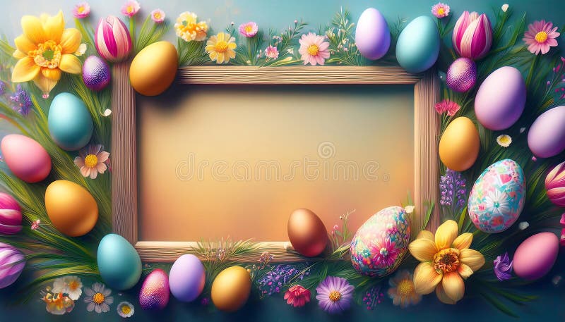 Happy Easter Display with a Border of Flowers and Pastel Eggs Placed in ...